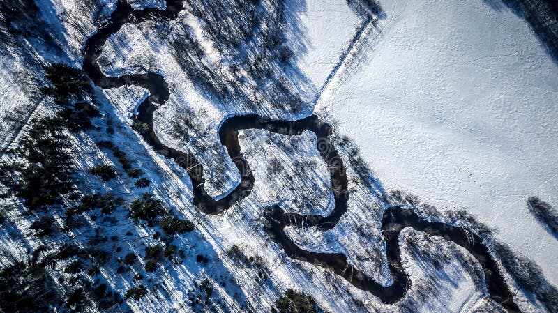 Aerial View on Winter River Streaming through the Field. Stock Image ...