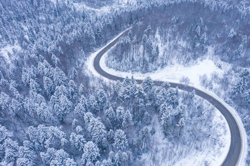 Aerial View of Winter Road and Forest with Snow Covered Trees, Top View ...