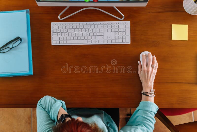 Aerial View of a Woman Teleworking with a Computer Stock Photo - Image ...