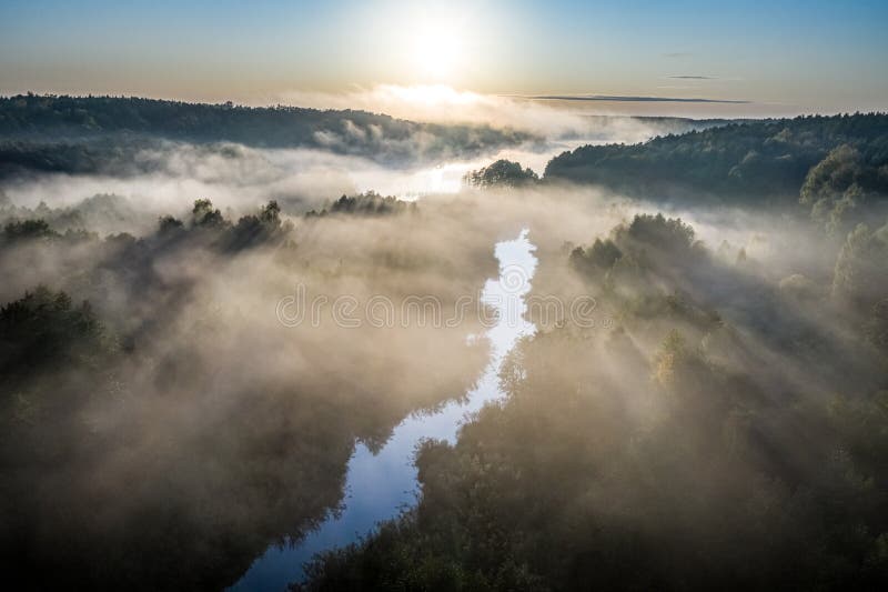 Aerial View of Wonderful Mist Over River at Sunrise Stock Photo - Image ...
