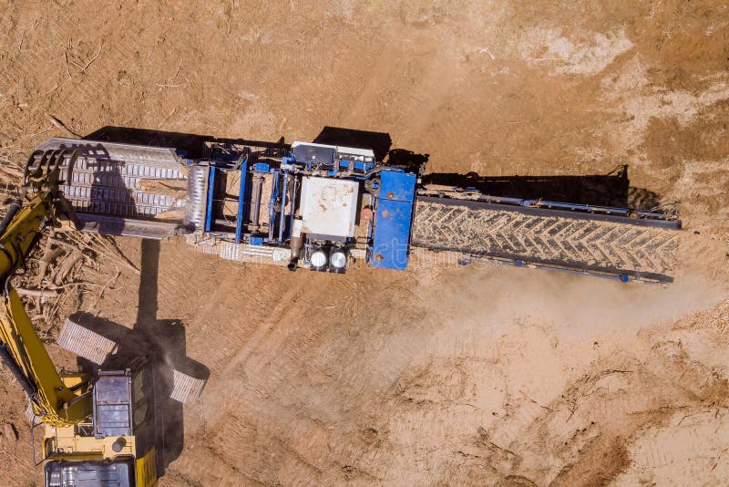 Aerial View on Wood Chipping Machine Chipper Process Stock Image ...