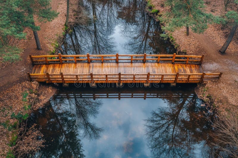 Aerial View of a Wooden Bridge Over a River in a Forest, Reflecting on ...