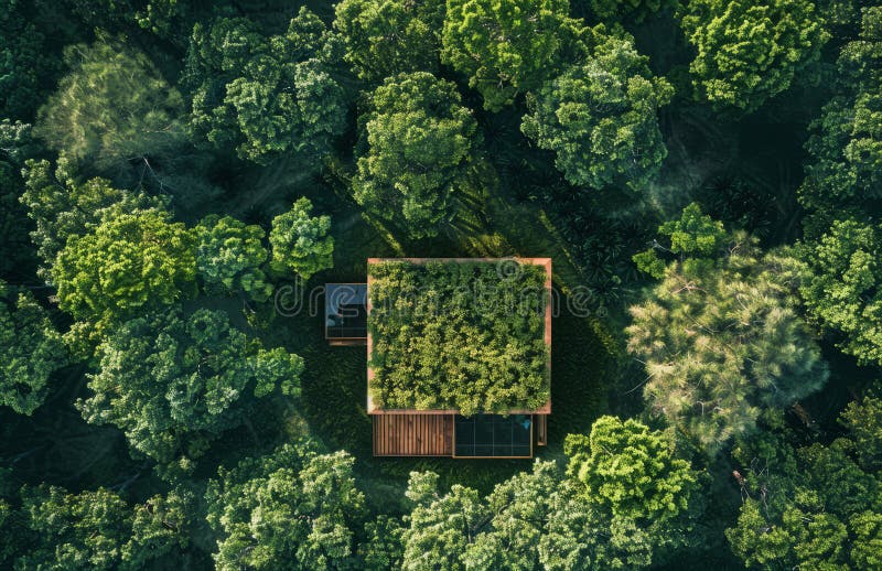 Aerial View of Wooden Cabin in the Forest Stock Image - Image of high ...