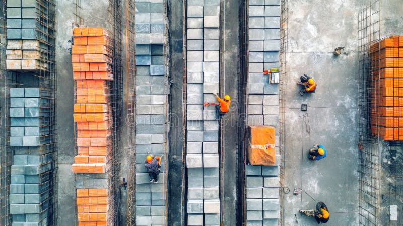 Aerial View of Workers Arranging Building Materials Stock Illustration ...