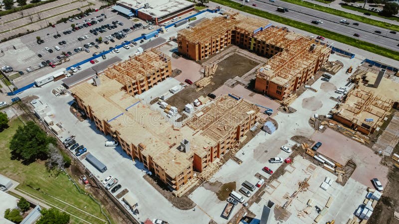 Aerial View Workers and Heavy Industrial Machines Working at Apartment ...