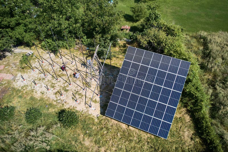 Aerial View of Workers Installing Solar Panels Stock Image - Image of ...