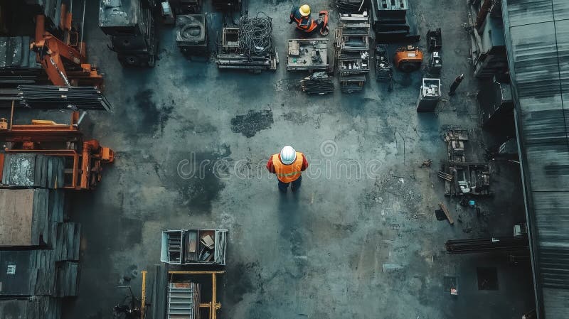 Aerial View of Workers in a Warehouse Surrounded by Machinery and ...