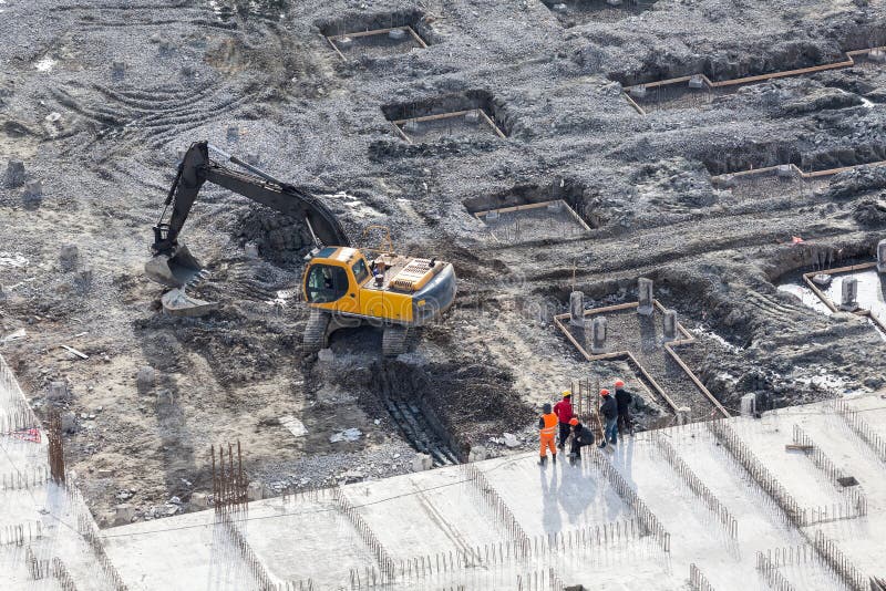 Aerial View of Working Excavator with Builders Stand Near Stock Photo ...