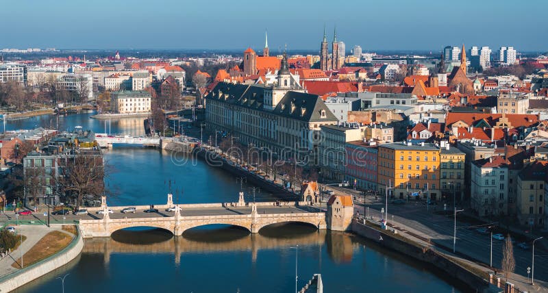 Aerial View of Wroclaw, Poland with Oder River and Landmarks Stock ...