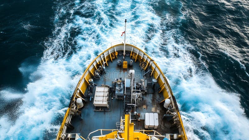 Aerial View of Yellow Ship Bow Cutting through Turquoise Ocean Waves ...