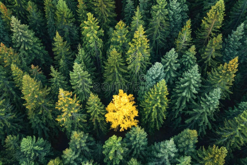 Aerial View of a Yellow Tree Standing Out in a Forest of Green Trees ...