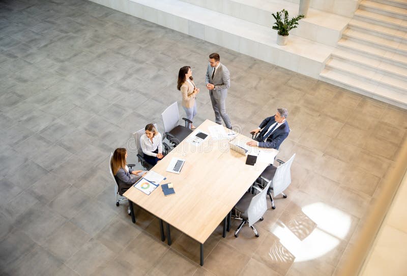 Aerial View at Young Startup Team Working in the Office Stock Photo ...