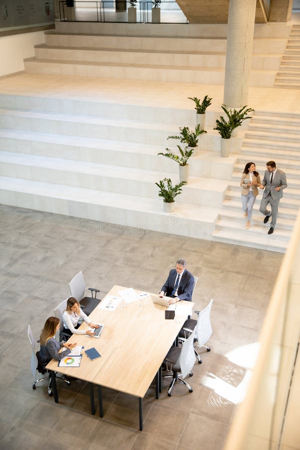 Aerial View at Young Startup Team Working in the Office Stock Photo ...