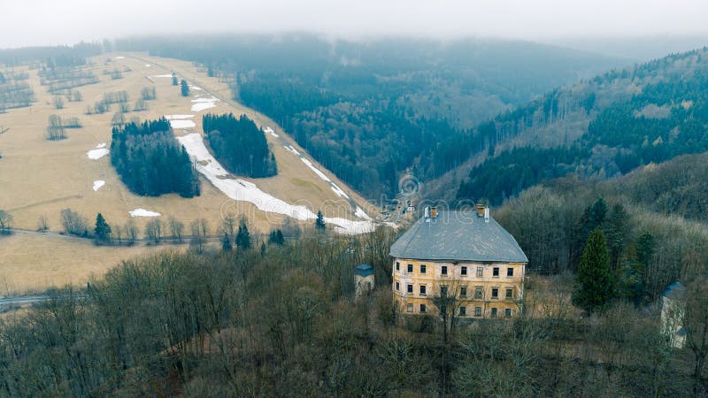 Aerial View of Zacler Castle with Trees and Hills Around, Zacler ...