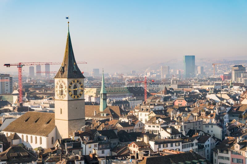 Aerial View of Zurich Downtown with Clock Tower, Switzerland Stock ...