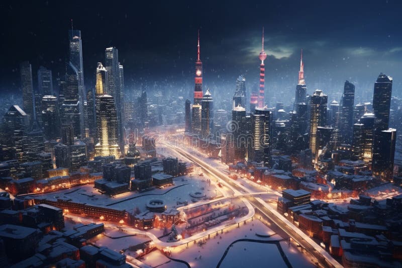 Aerial Views of Winter Cityscapes Illuminated by Stock Illustration ...