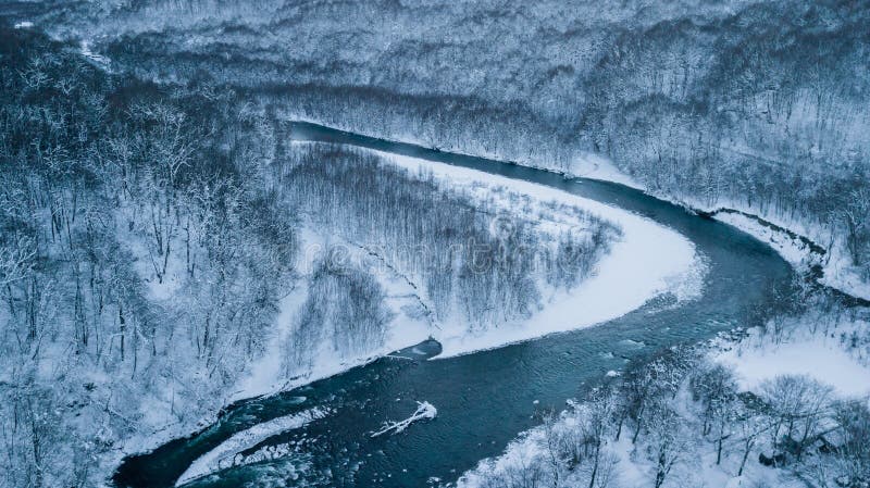 Aerial Winter Forest River in Twilight Stock Image - Image of covered ...