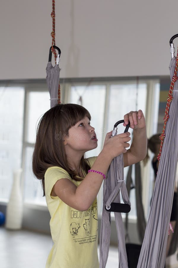 Aerial Yoga Practicing - Anti Gravity with Scarves Stock Image - Image ...