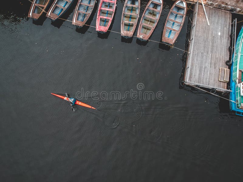 Aerialphoto Rower Training on the River in a Kayak Stock Photo - Image ...