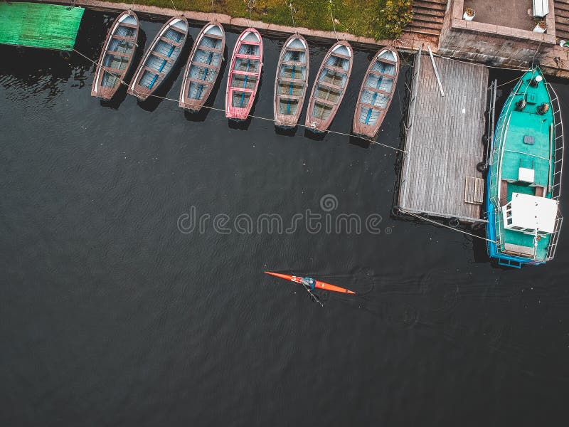 Aerialphoto Rower Training on the River in a Kayak Stock Image - Image ...