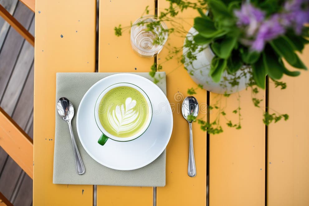 Aeriel View of a Table Setting with Matcha Latte and Greenery Stock ...