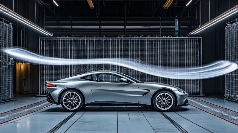 Aerodynamic Design Silver Sports Car Undergoing Wind Tunnel Testing ...