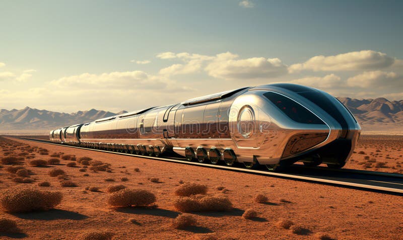 An Aerodynamic Fast Train Rides on Tracks in a Desert Area. High Speed ...