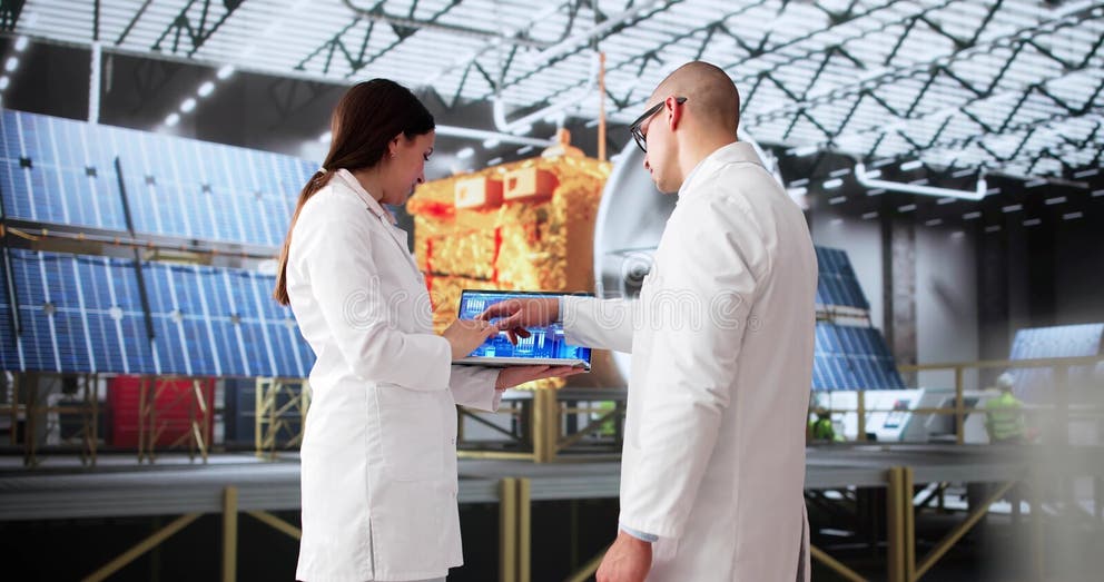 Aerospace Engineer and Scientist Doing Satellite Research Work Together ...