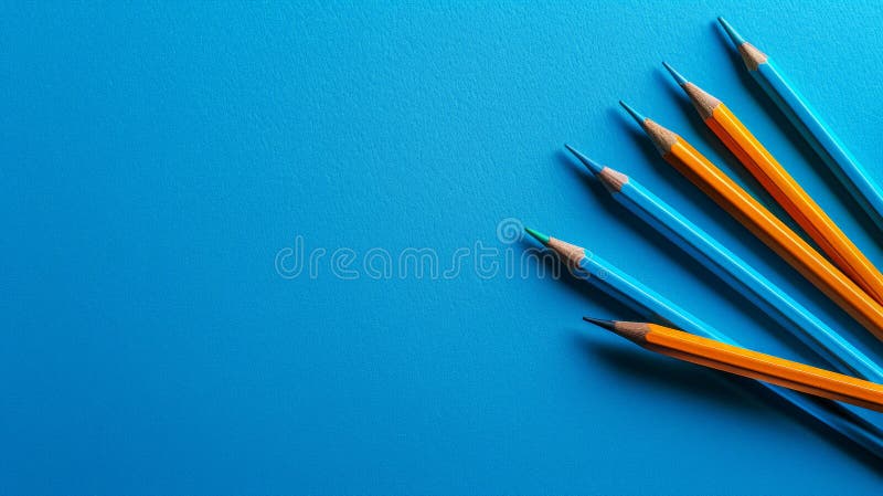 Aesthetic Blue Background with Blue and Yellow Pencils. Copy Space ...