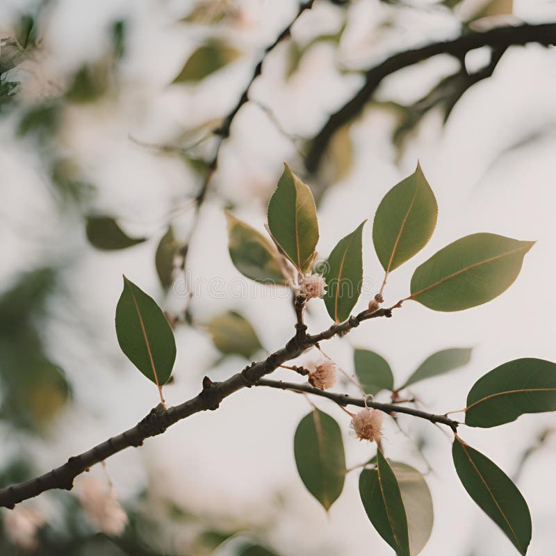 A Slender Tree Branch with Elongated Green Leaves is Depicted Against a ...