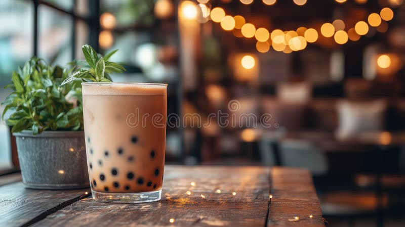 Aesthetic Bubble Tea on Rustic Table with Warm Lights in Background ...