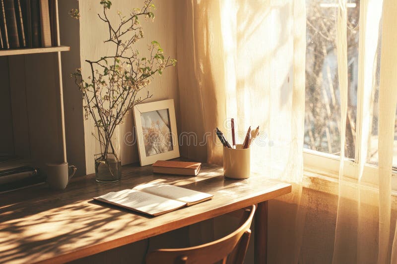 Aesthetic Desk Setup with Sunlight, Neutral Tones, Cozy Workspace Stock ...