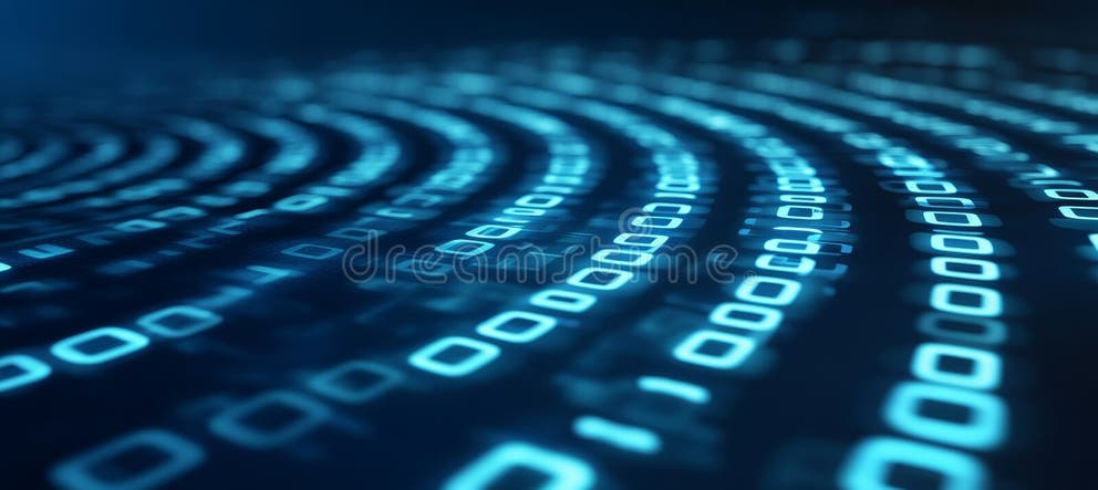 Aesthetic Digital Data Stream with Binary Code and Light-Blue Lines in Perspective View Scene ...