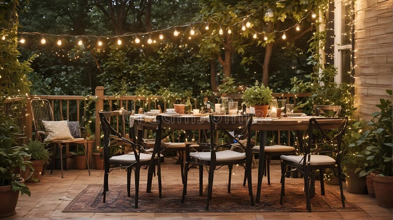Aesthetic Dining Table and Chairs on a Patio or Deck, Surrounded by ...