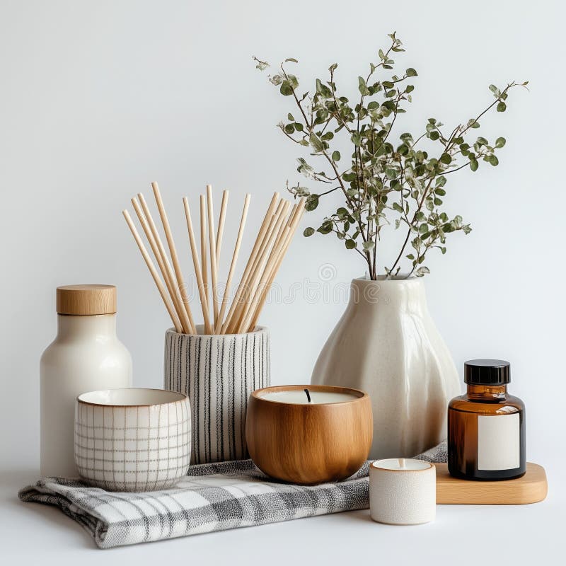 Aesthetic Display of Candles, Reed Diffusers, and Greenery Enhancing a ...