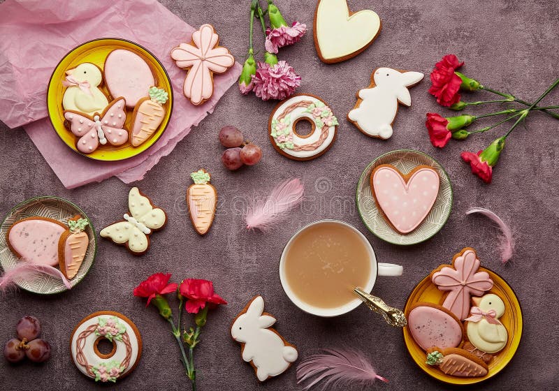 Aesthetic Easter Background Complete Decorated Cookies, Coffee Cup ...