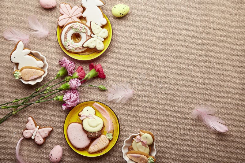 Aesthetic Easter Flat Lay with Copy Space. Decorated Easter Cookies ...