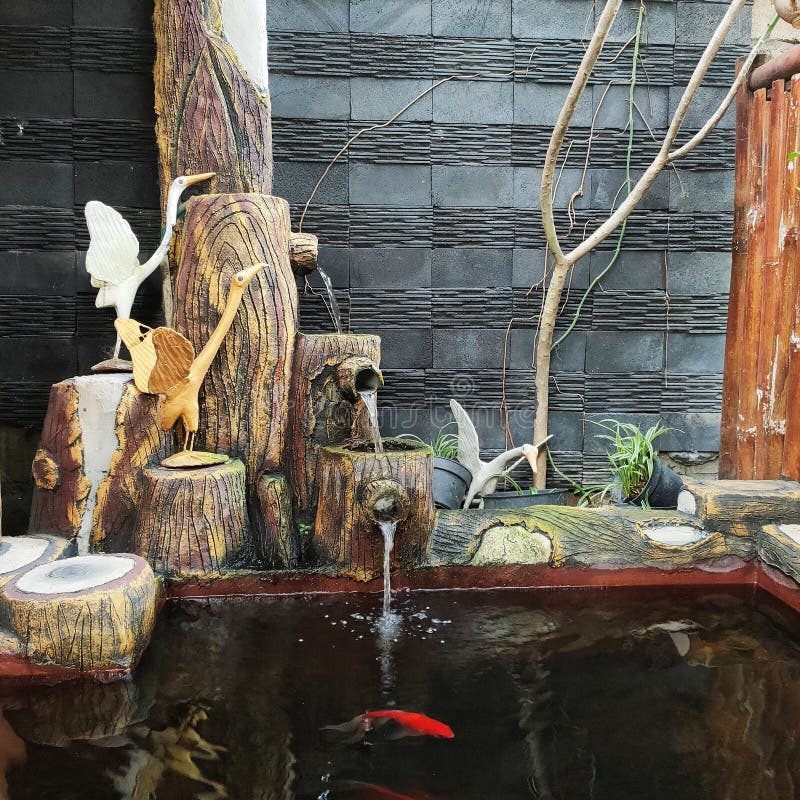 Aesthetic Fish Pool with Wood Ornament from Cement Stock Image - Image ...