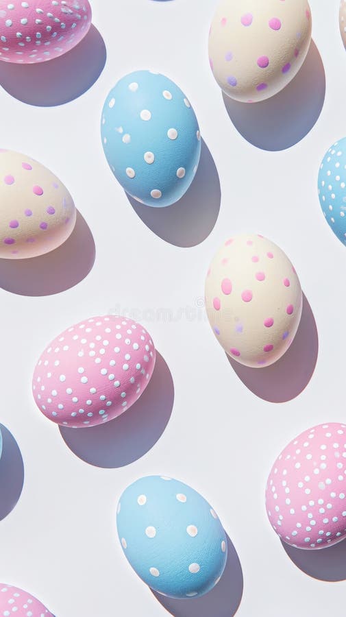 Aesthetic Flat Lay of Pastel Coloured Easter Eggs with Dots. White Background. Copy Space Stock ...
