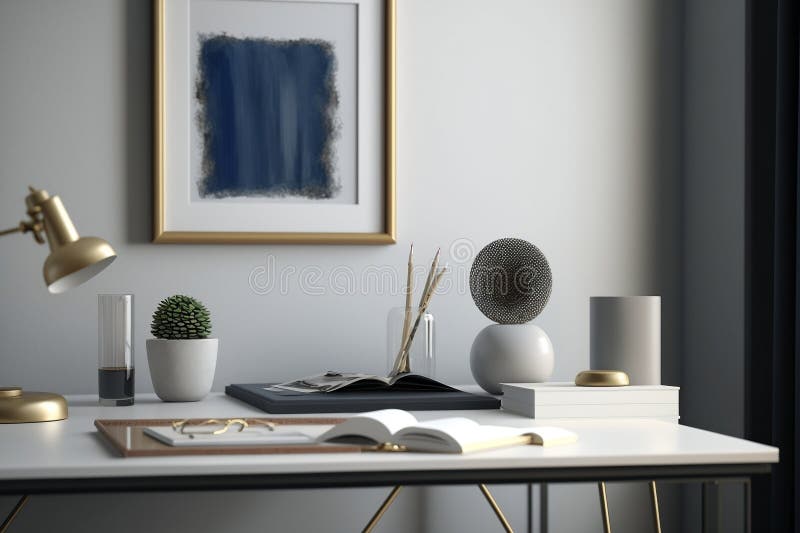 Aesthetic Home Office Decor and Minimalist Workspace with Blank Wall ...