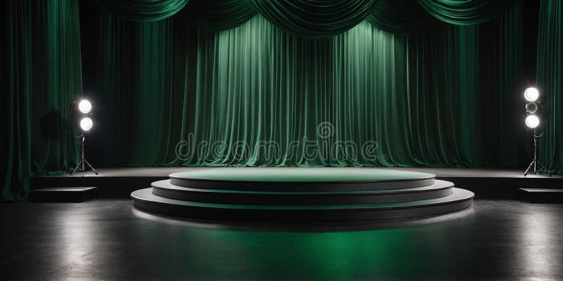 Aesthetic Luxurious Green Draped Empty Stage with Spot Ai Generated ...