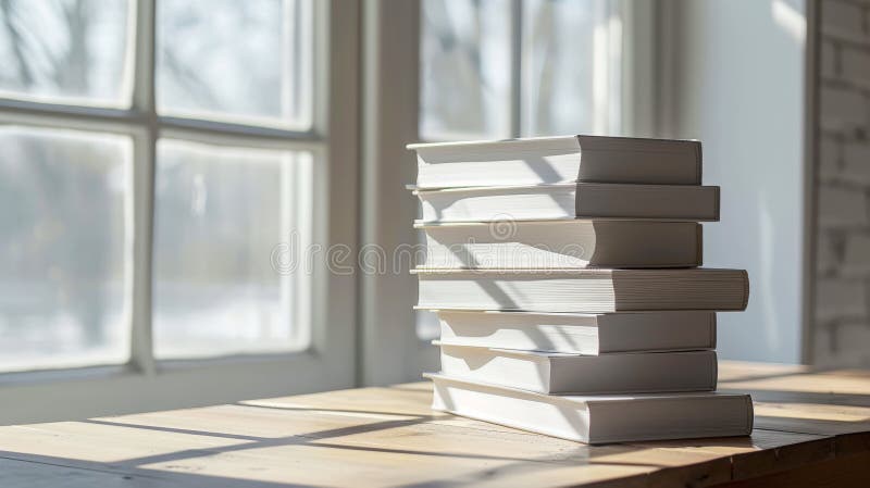Aesthetic Minimalist Stack of Books in Front of a Window in a Library. Light Color Palette. Sun ...