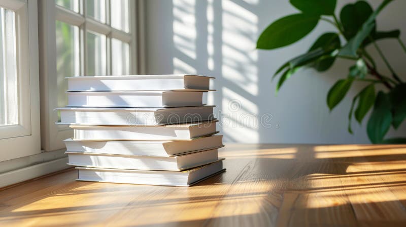 Aesthetic Minimalist Stack of Books in Front of a Window in a Library. Light Color Palette. Sun ...