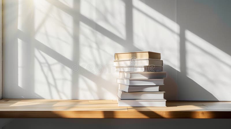 Aesthetic Minimalist Stack of Books in Front of a Window in a Library. Light Color Palette. Sun ...