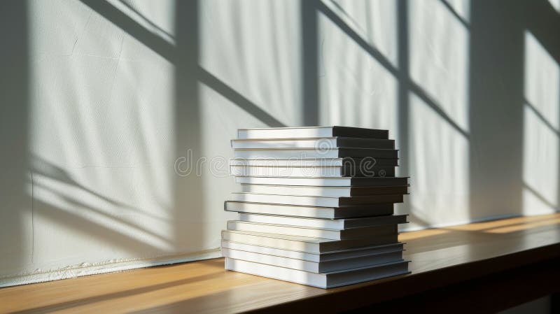 Aesthetic Minimalist Stack of Books in Front of a Window in a Library. Light Color Palette. Sun ...