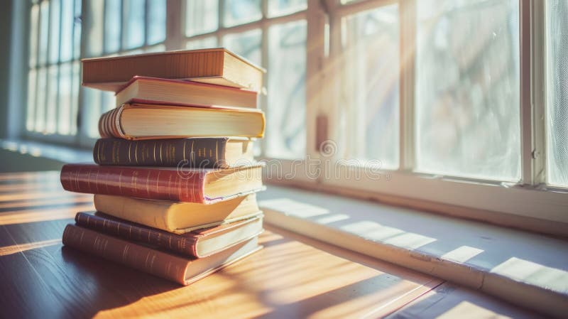 Aesthetic Minimalist Stack of Books in Front of a Window in a Library ...