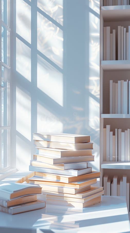 Aesthetic Minimalist Stack of Books in Front of a Window in a Library ...