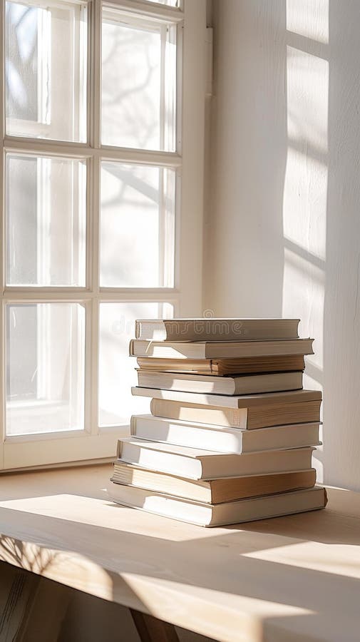 Aesthetic Minimalist Stack of Books in Front of a Window in a Library ...