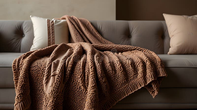 Aesthetic Mocha Mousse Throw Blanket Draped Over a Cozy Couch Stock ...