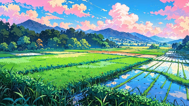 Aesthetic Neon Lit Rice Fields the Design Sh Ai Generated Stock ...